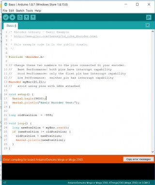 Encoder Library : Error compiling for board Arduino/Genuino Mega or ...
